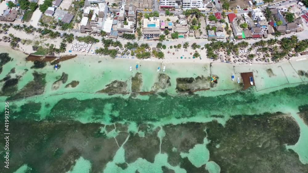A wonderful aerial view of the white sand beaches of Costa Maya, a ...