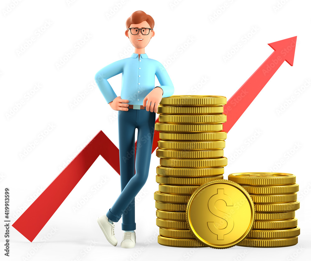 3D illustration of smiling man leaning on a huge stack of gold coins ...