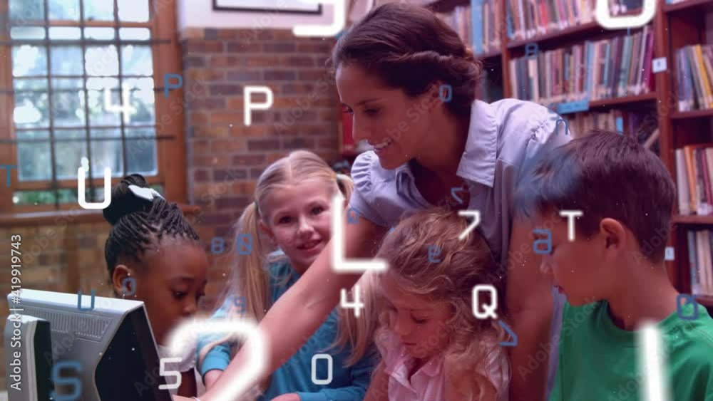 Changing numbers and alphabets floating against female teacher teaching ...