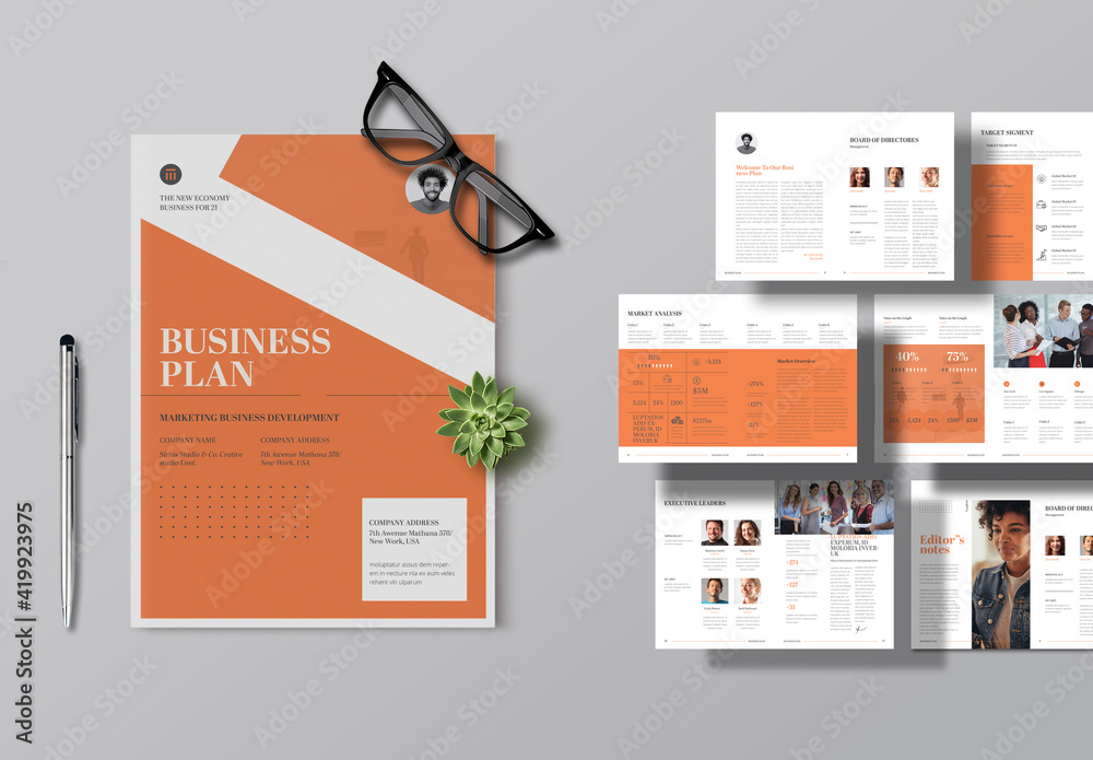 Business Plan Layout with Orange Accents Stock Template | Adobe Stock