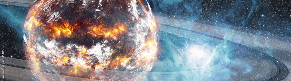 Exploding exoplanet Earth with ring in outer space. Science astronomy ...