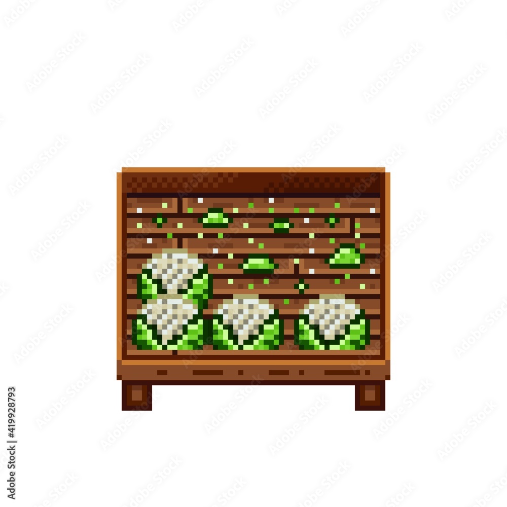 Vegetable shop pixel art. Cauliflower in a wooden crate. Green headed ...