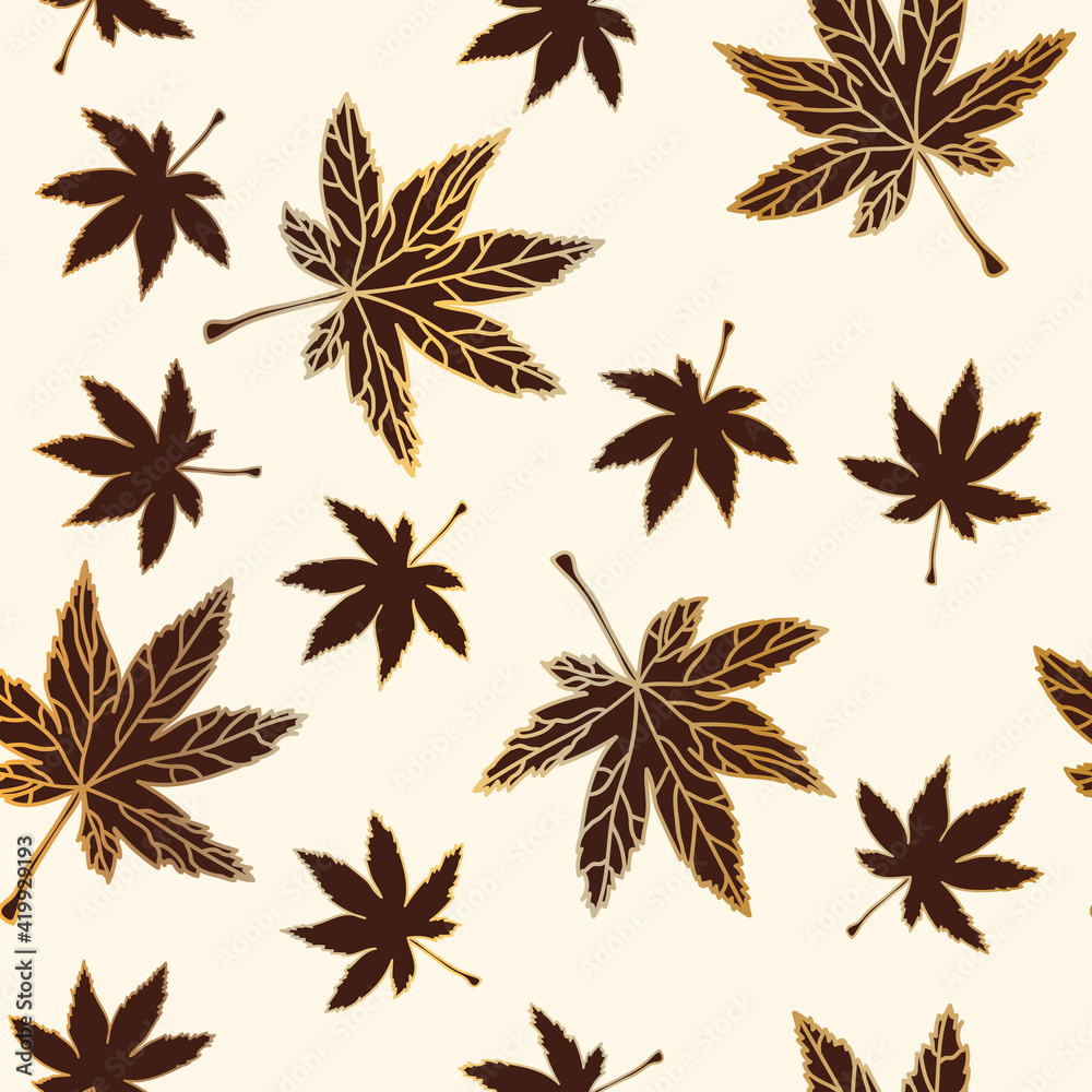 Gold outlined maroon maple leaves seamless pattern with white ...