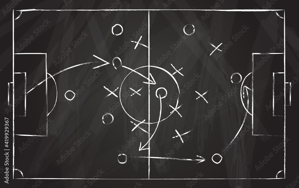 Football tactic scheme. Soccer game strategy with arrows on black chalk ...