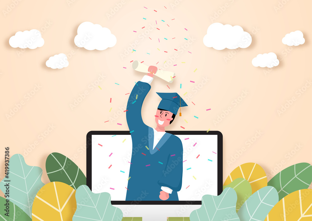 Class of 2021 Virtual graduation ceremony concept.Student receive ...