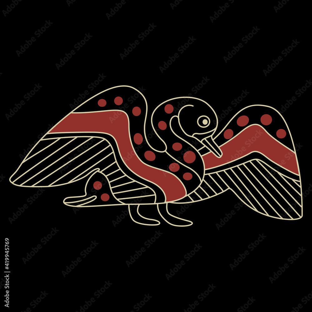 Stylized waterfowl bird with open wings. Swan, duck or goose. Ancient ...