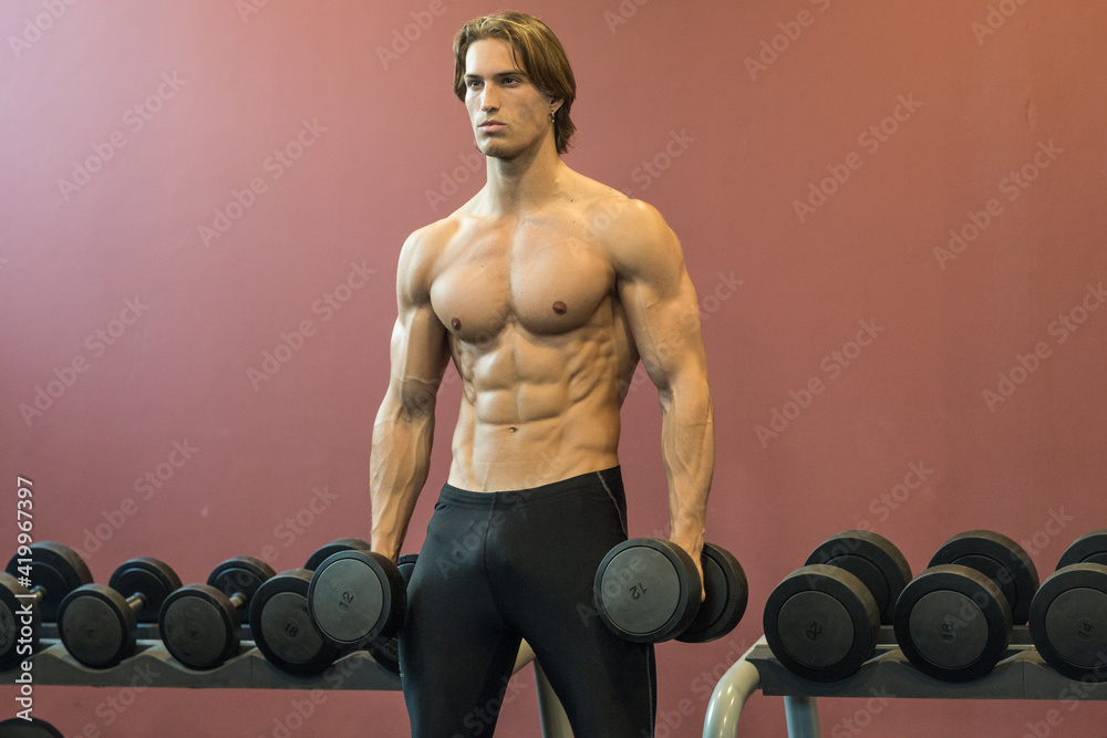 Muscular bodybuilder lifting weights at the gym. Fit body. Stock Photo ...