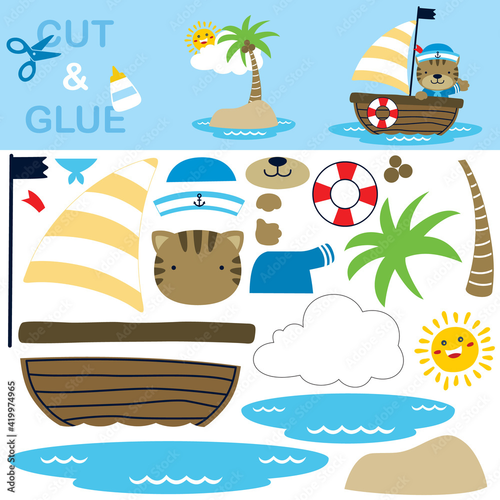 Cute cat wearing sailor uniform on sailboat with small island and ...