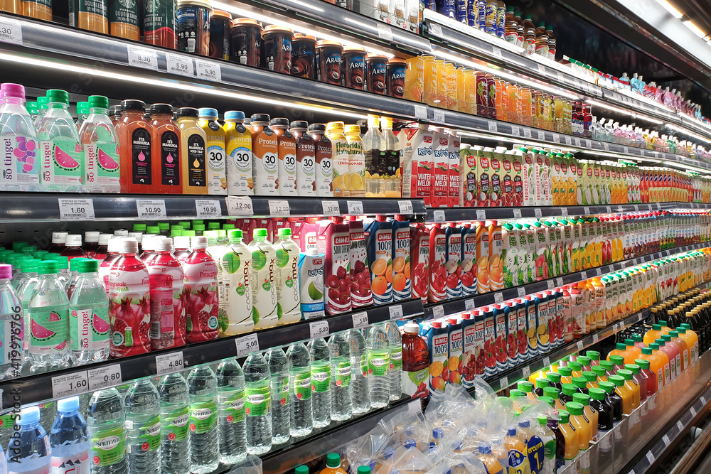 Various brand soft drink, coffee and fruit beverages on the ...