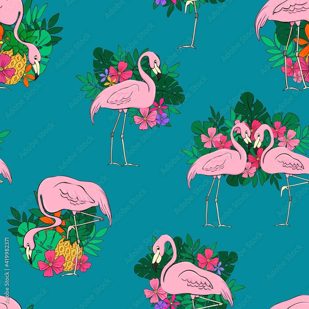 Flamingos on a background of tropical leaves and flowers. Seamless ...