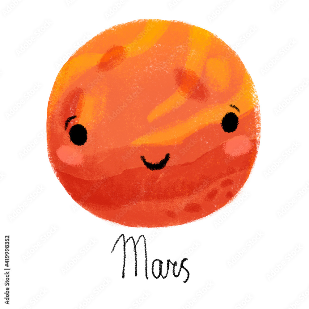 Cute bright Mars planet with cute smile face. Isolated on white ...