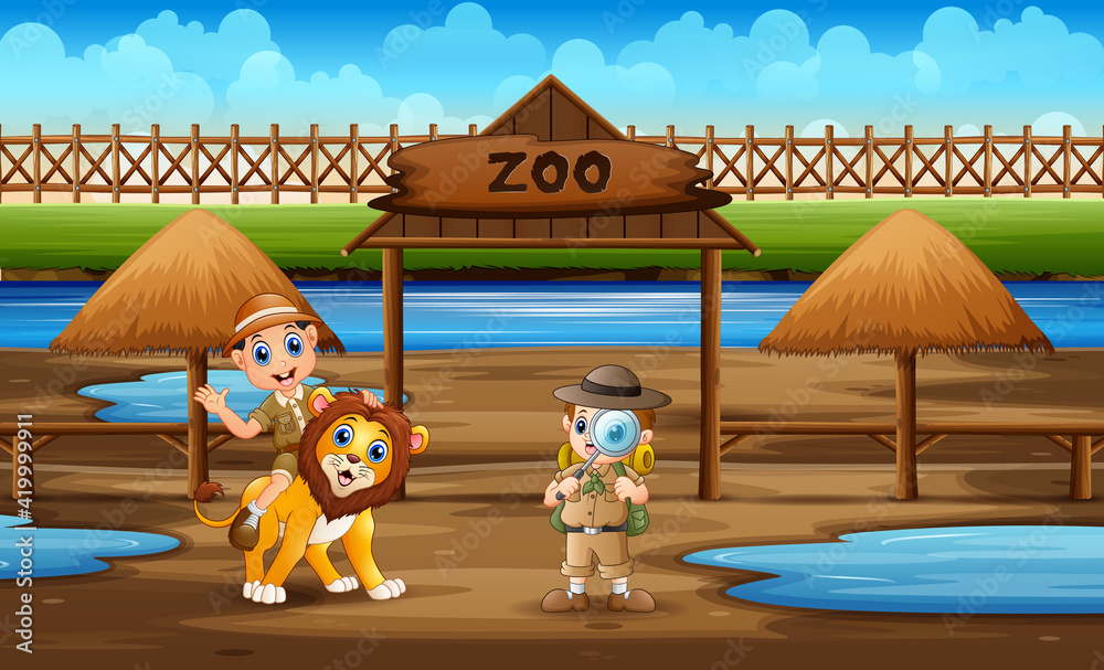 Cartoon the zookeeper boys with a lion in the zoo Stock Vector | Adobe ...