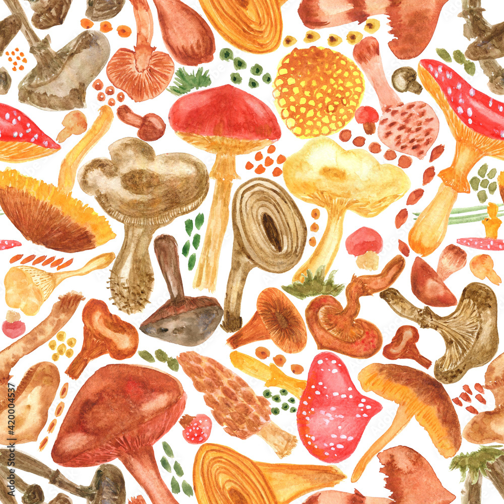 Seamless watercolor background with mushrooms. Pattern for creating ...