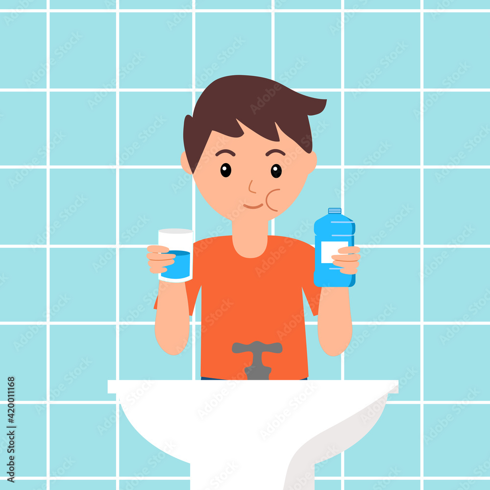 Boy children using mouthwash for fresh breaths and plaque prevention in ...