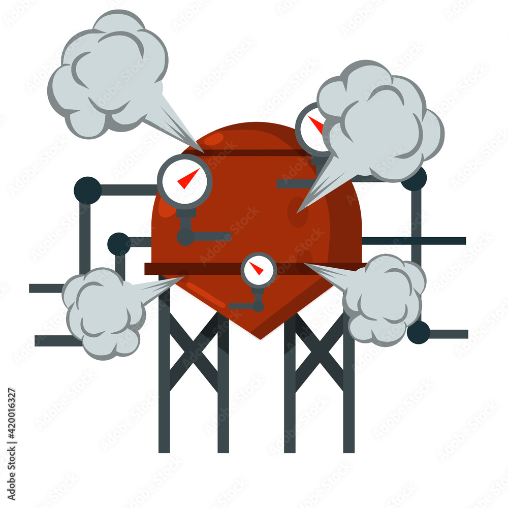 Overloaded steam boiler. Accident, explosion and smoke. Tank with pipe ...