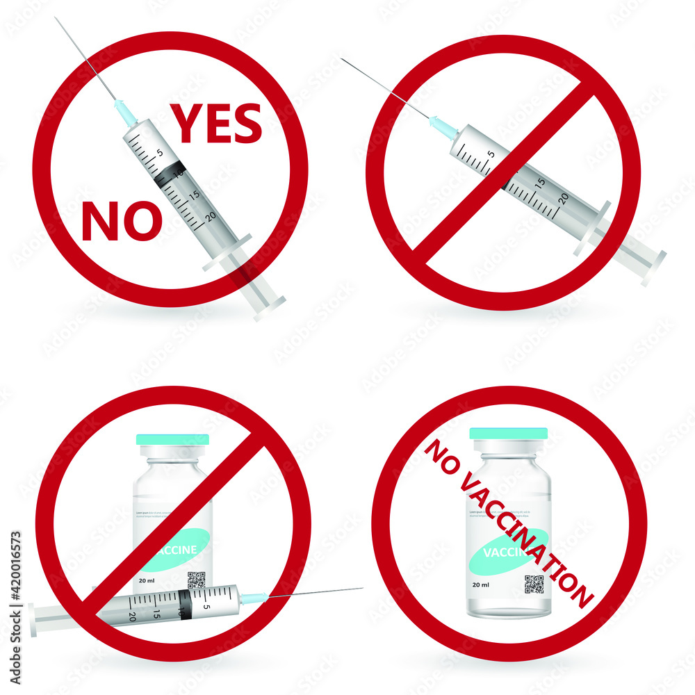 Syringe sign and vaccine bottle in red forbidden sign isolated on white ...