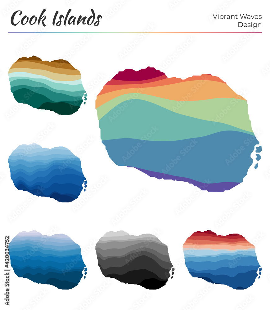 Set of vector maps of Cook Islands. Vibrant waves design. Bright map of ...