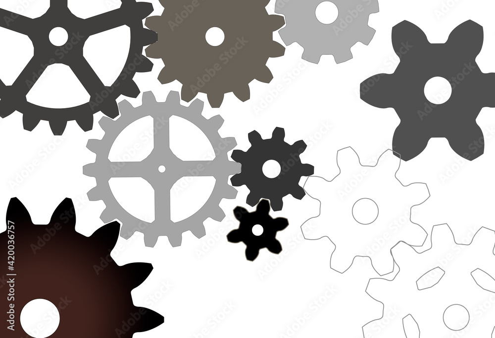 Gear mechanisms of different sizes and types isolated on white. Set of ...