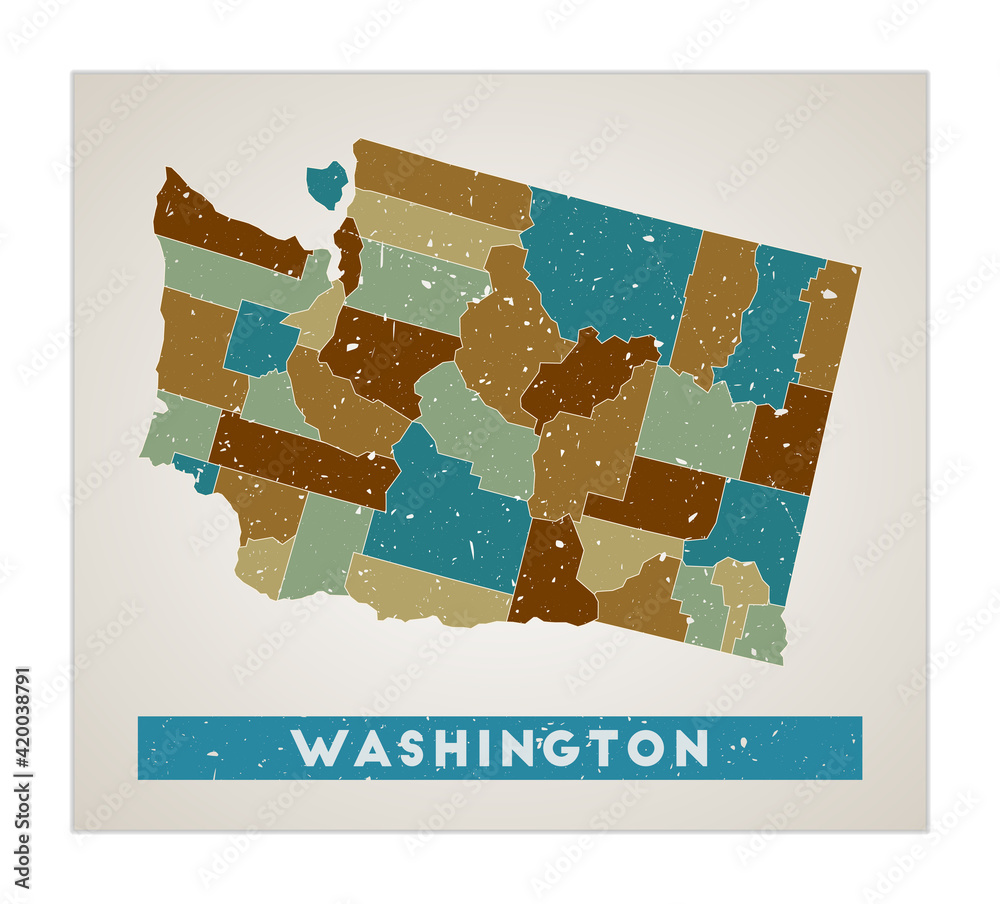 Washington map. Us state poster with regions. Old grunge texture. Shape ...