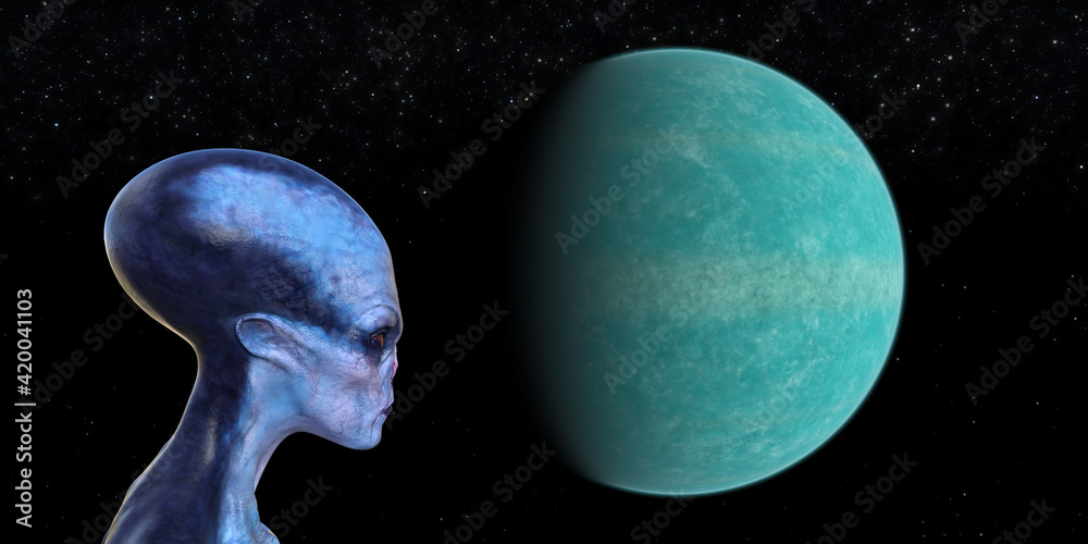 Illustration of a blue alien with an elongated skull in space with a ...