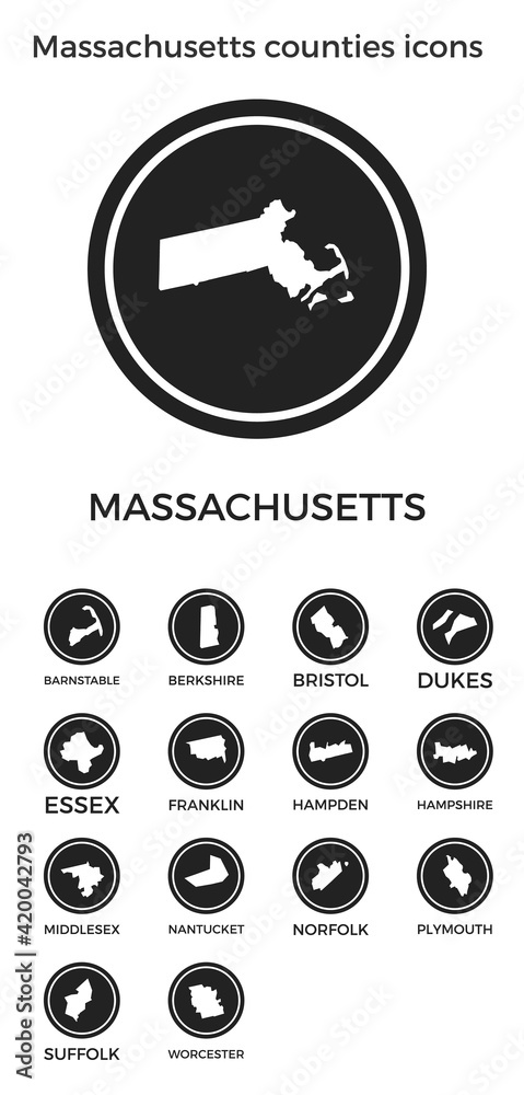 Massachusetts counties icons. Black round logos with us state counties ...
