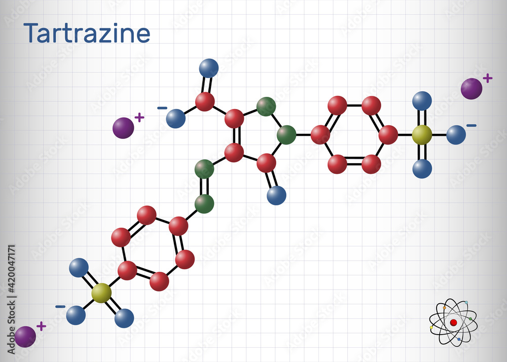 Tartrazine molecule. It is trisodium salt of tartrazine acid, yellow ...