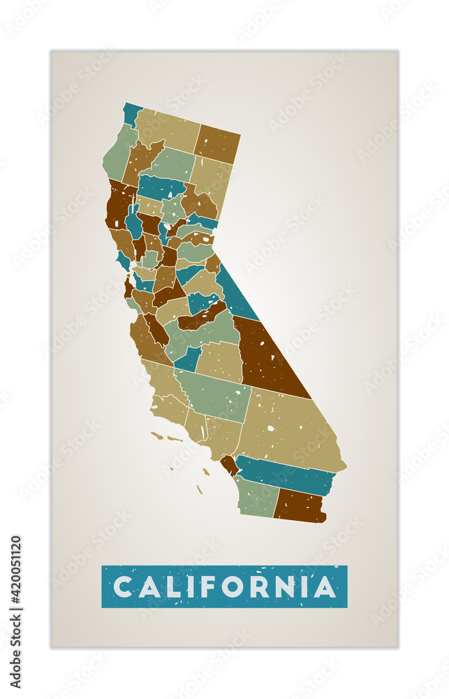 California map. Us state poster with regions. Old grunge texture. Shape ...