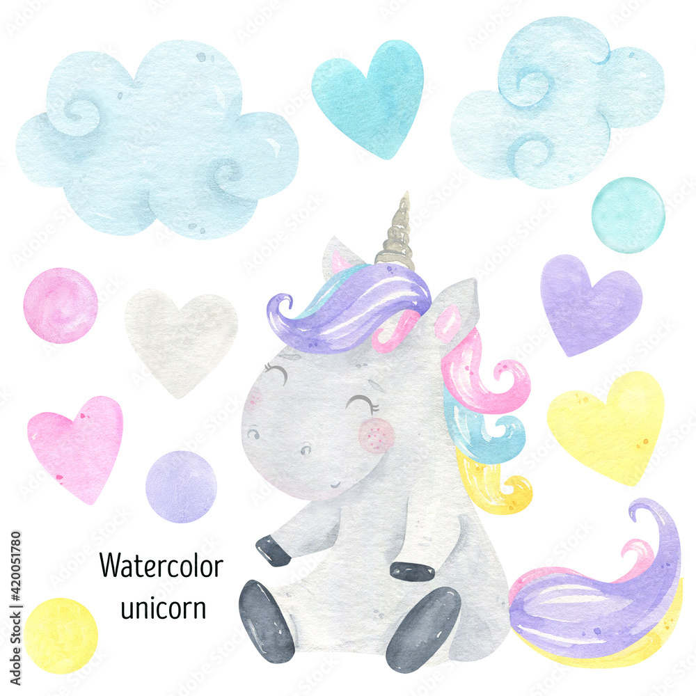 Watercolor unicorn illustration clipart, Nursery Clipart, cute, big ...