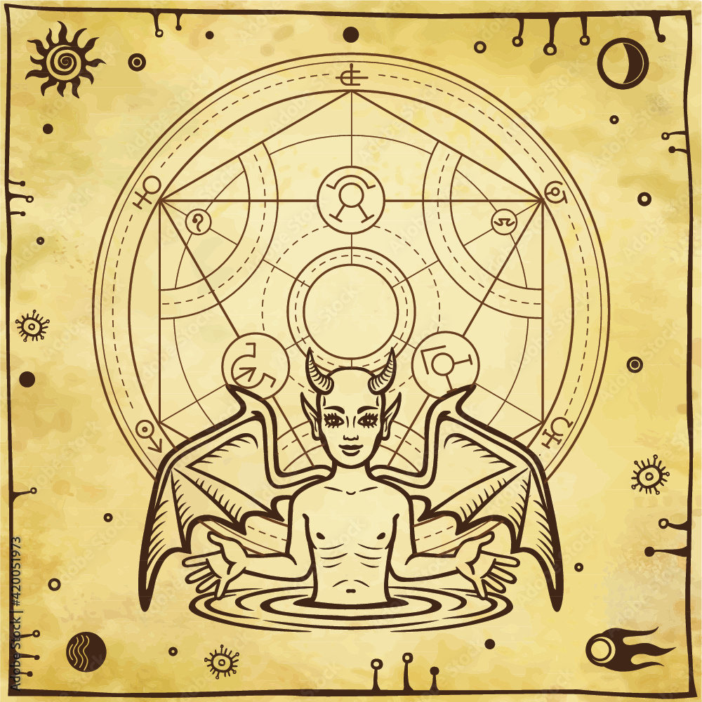 Alchemical drawing: little demon, circle of a homunculus. Esoteric ...