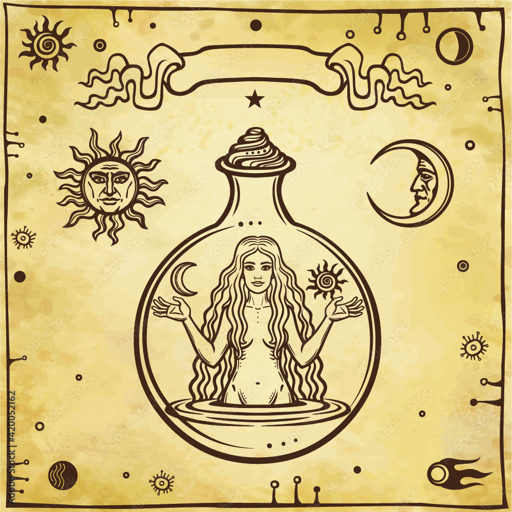 Alchemical drawing: the young beautiful woman in a test tube.Fertility ...