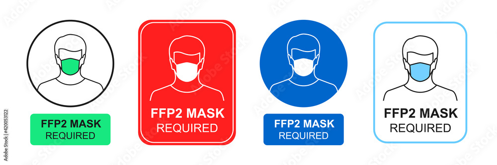 FFP2 face mask required sign, icon or sticker set in various design ...