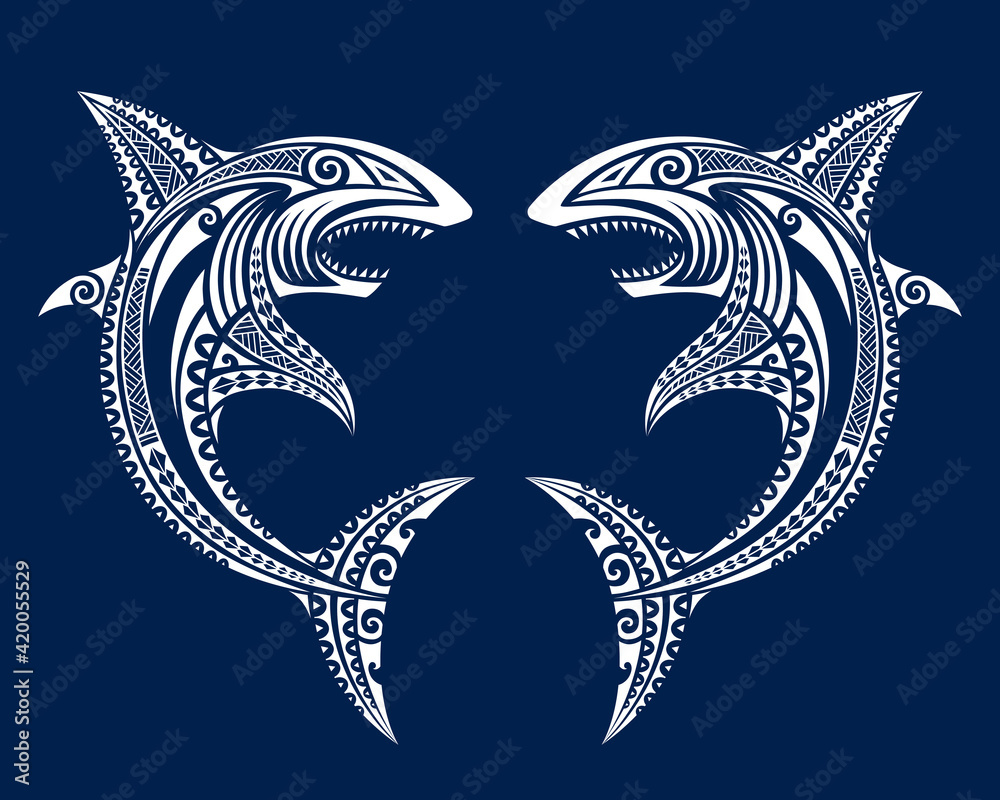 Sharks attack fish illustration Maori polynesian tattoo style. Tribal ...