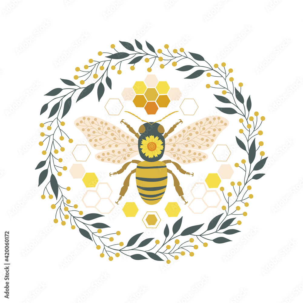 Ornate folksy floral bee in botanical wreath vector illustration ...