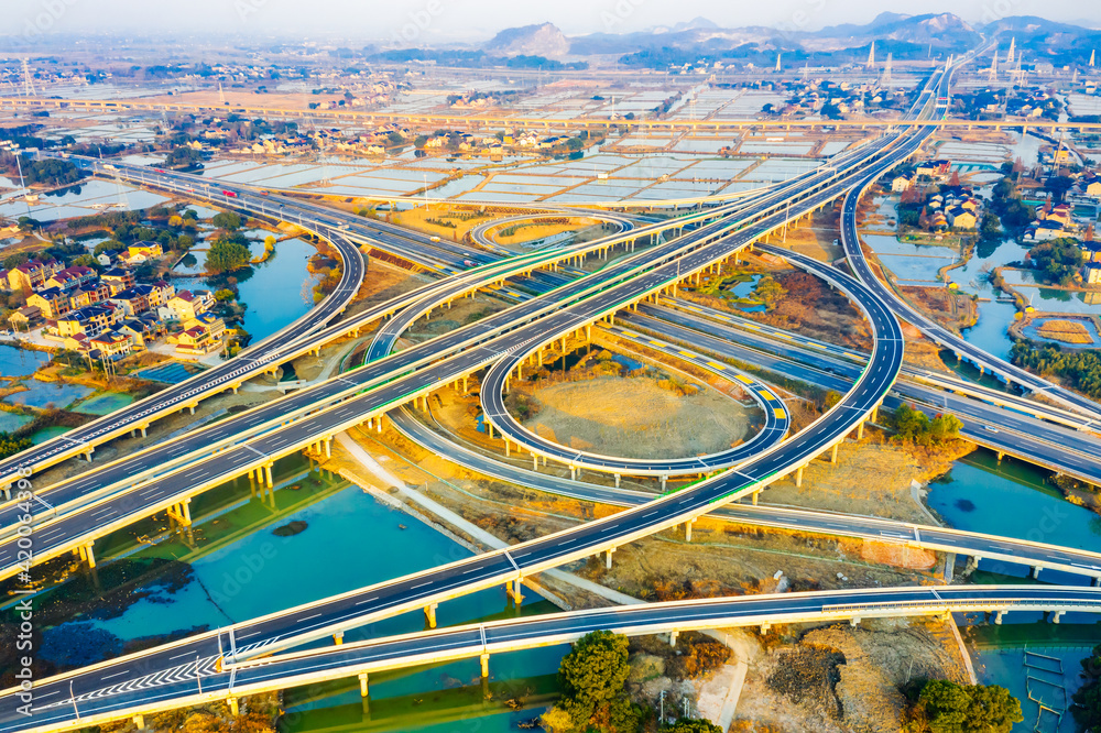 Aerial view of new road interchange or highway intersection in Hangzhou ...