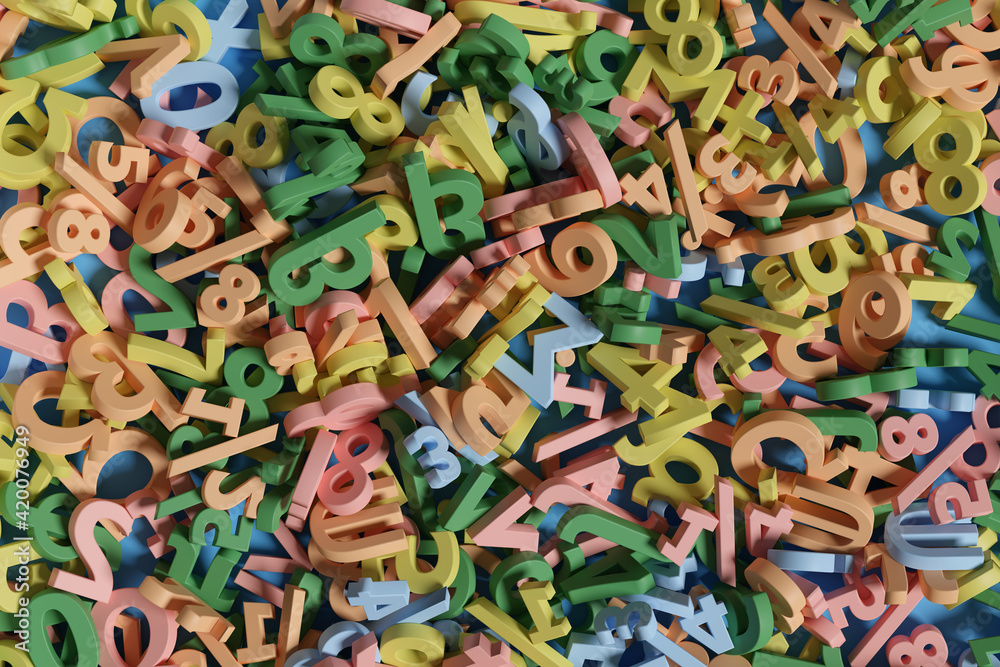 Background of colorful numbers and mathematical symbols. 3d ...