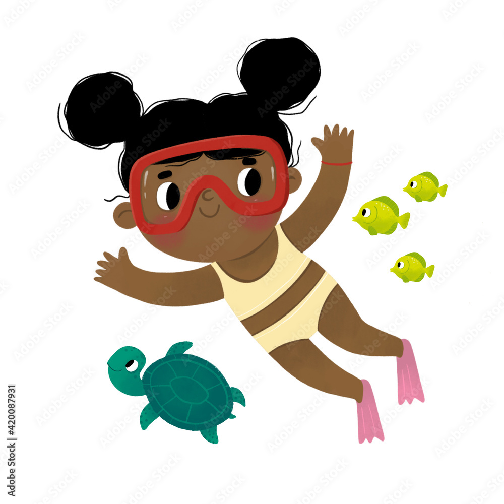 Cute cartoon Little girl swims underwater wearing a mask and swimming ...
