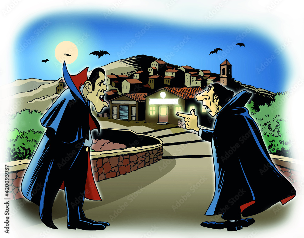 Two vampires talk among them near a village with bats in flight. Vector ...