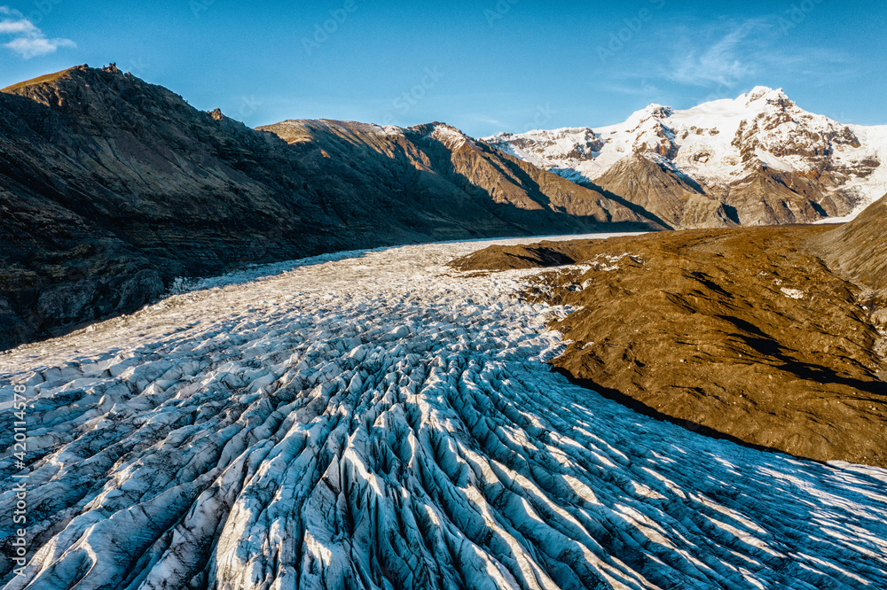 aerial of one of many of the receding glaciers in iceland. Shot from ...