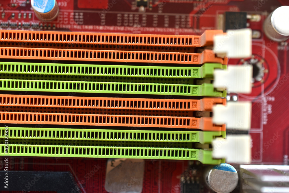 RAM and connectors on the computer's motherboard Stock Photo | Adobe Stock