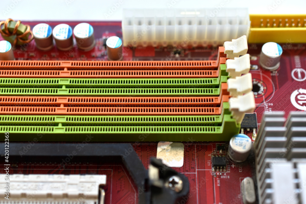 RAM and connectors on the computer's motherboard Stock Photo | Adobe Stock