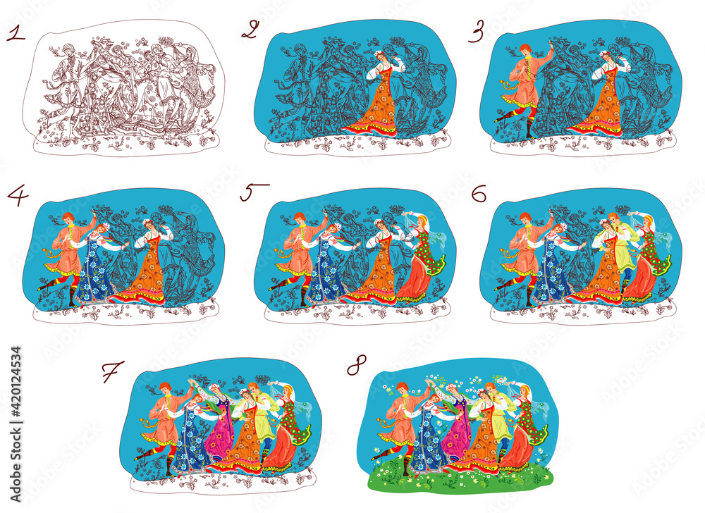 Russian girls and boys dancing in traditional Russian costumes in a ...