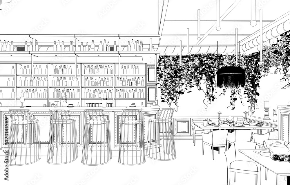 bar counter in a nightclub, contour visualization, 3D illustration ...