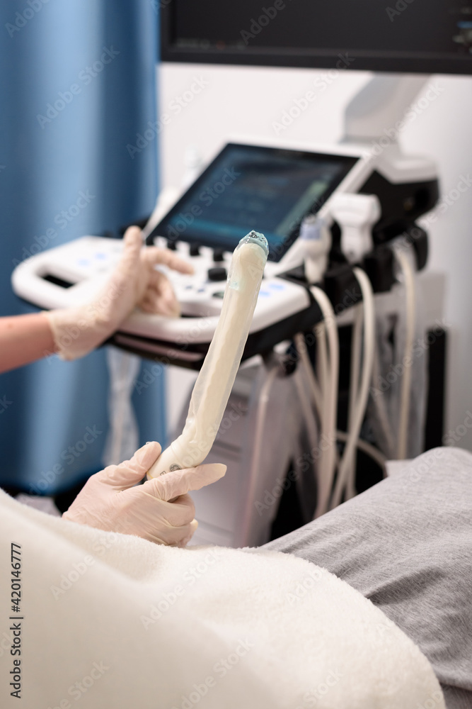 A gynecologist holds in his hand a transvaginal ultrasound scanner with ...