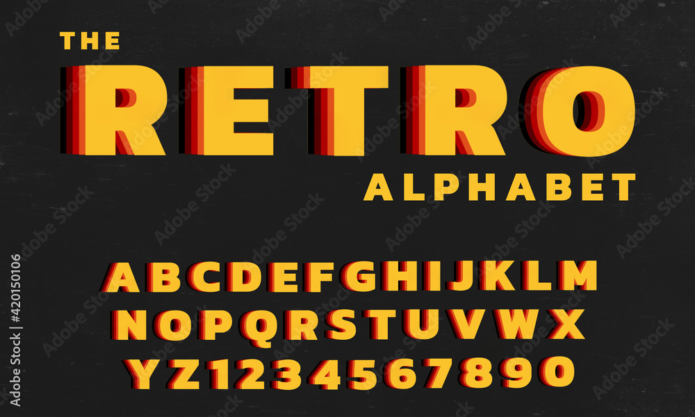 Colorful retro font, 80s, 90s, alphabet letters and numbers on black ...
