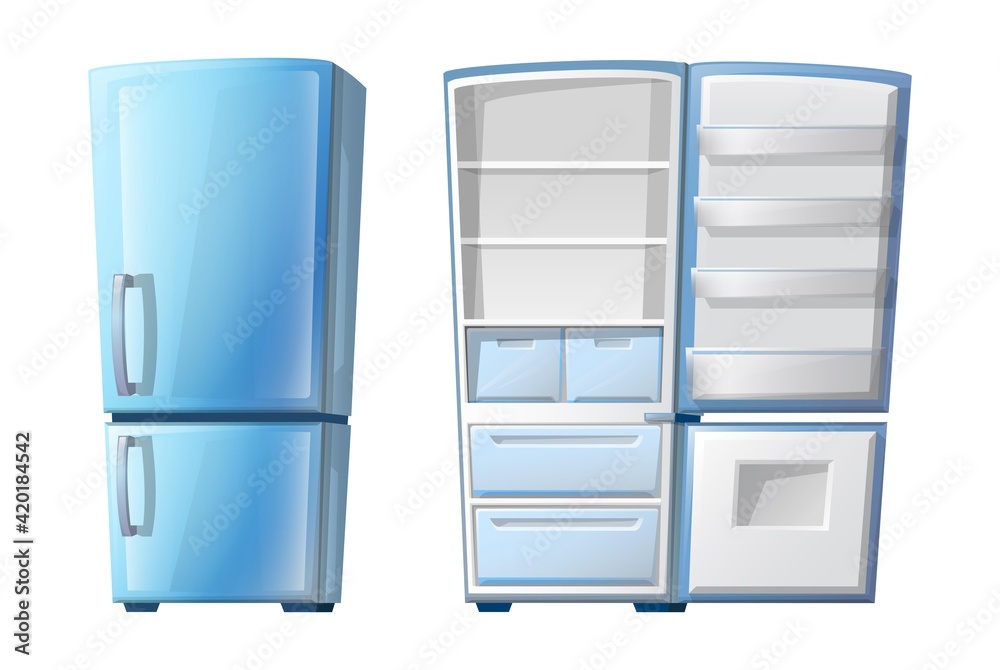 Vector cartoon style closed and open refrigerator with shelves ...