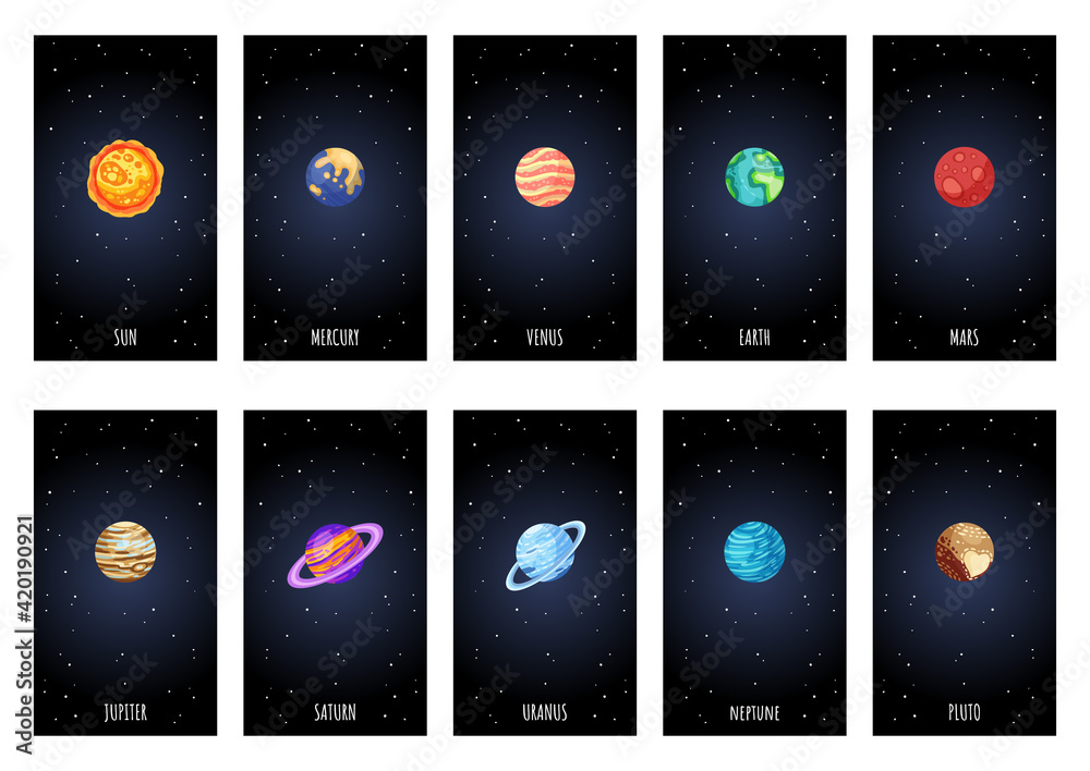 Set of cartoon vertical posters with planets, stars and satellites ...