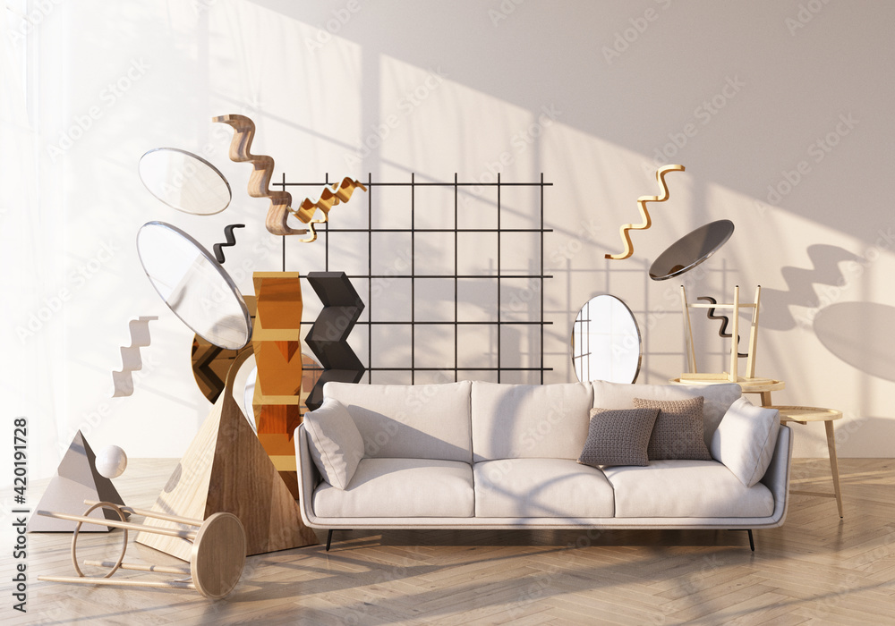 sofa surrounding by a lot of geometric shape modern trend gold and ...