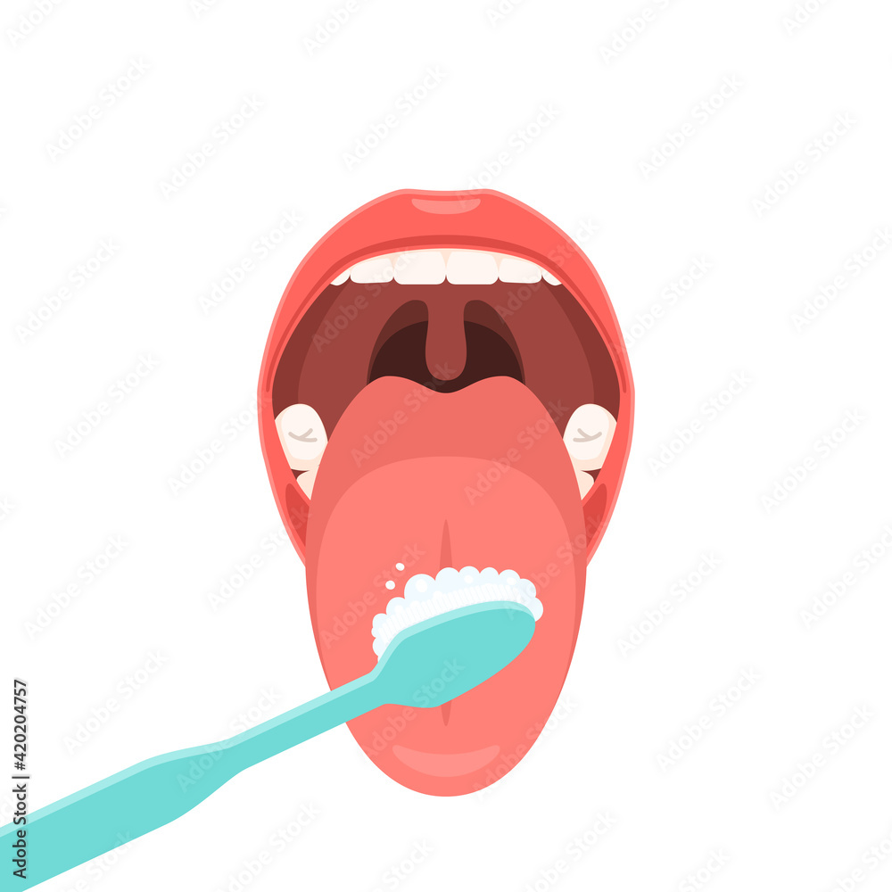 Hygiene of the tongue with a toothbrush. Clean healthy tongue, teeth ...