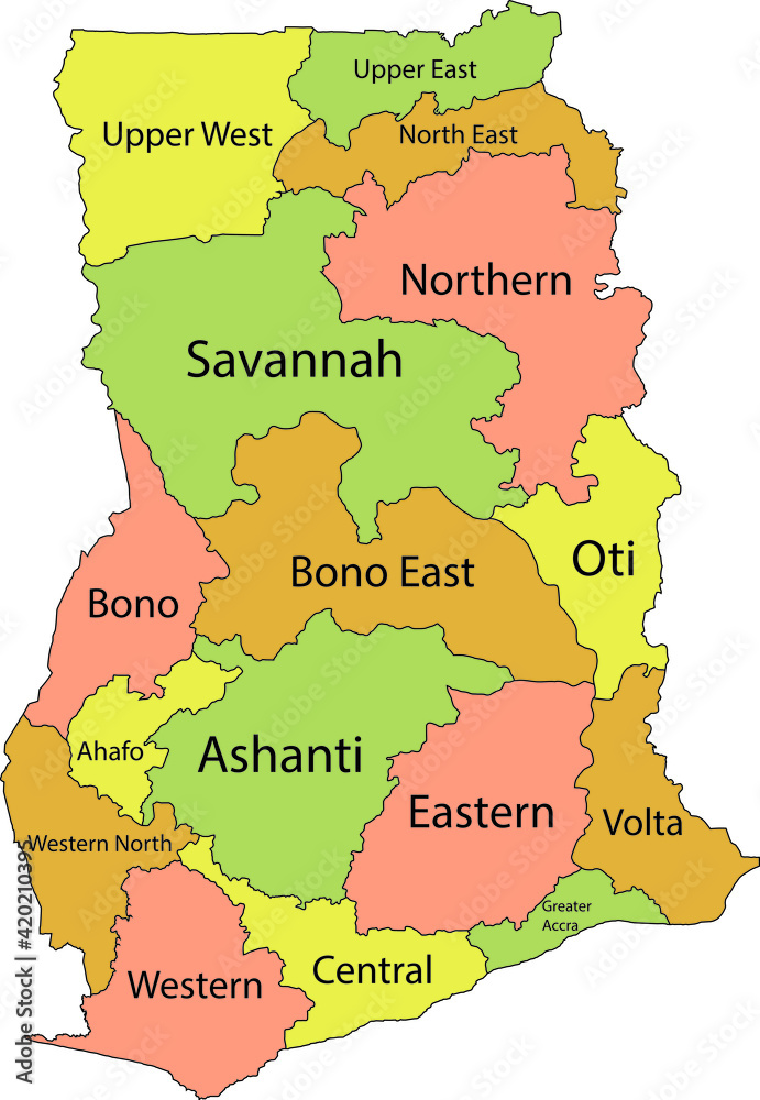 Pastel vector map of the Republic of Ghana with black borders and names ...