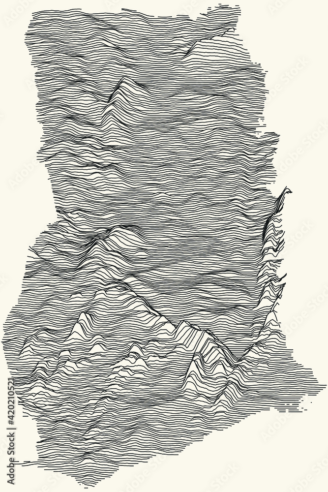 Light topographic map of the Republic of Ghana with black contour lines ...